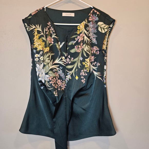Oasis | Tops | Oasis Blouse Womens Floral Hummingbird Green Silky Tie ...